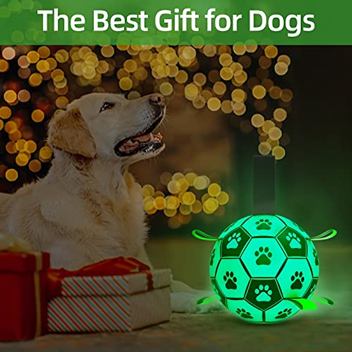 QDAN Glow in The Dark Dog Toys Soccer Ball with Straps, Interactive Dog Toys Puppy Birthday Gifts, Dog Tug Water Toy, Indoor/Outdoor Light Up Dog Balls for Small & Medium Dogs（8 Inch Size 3）