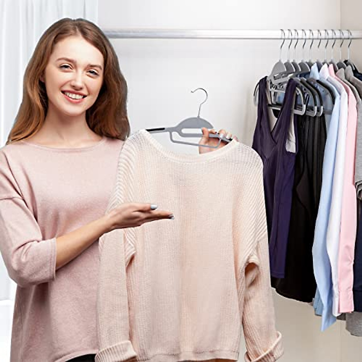 HWAJAN Coat Hanger 50Pack,Space Saving Hangers 16.53inch Plastic Hangers Rubber Strip Non-Slip Clothes Hangers Pants Hangers for Dorms,Apartments,Suit for Pants,Jackets,Sweaters,Shirts,Black