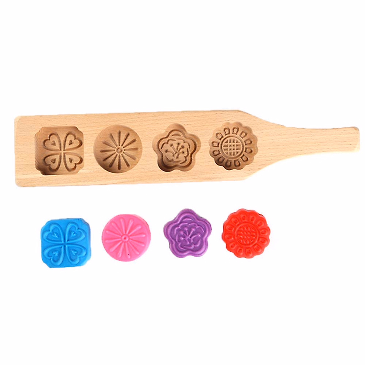 K JINGKELAI MoonCake Mold Chinese Traditional Mid-autumn Festival Moon Cake Mold 4 Flowers Wooden Handmade Baking Mold for Muffin Mooncake Cookie Biscuit Chocolate Pumpkin Pie