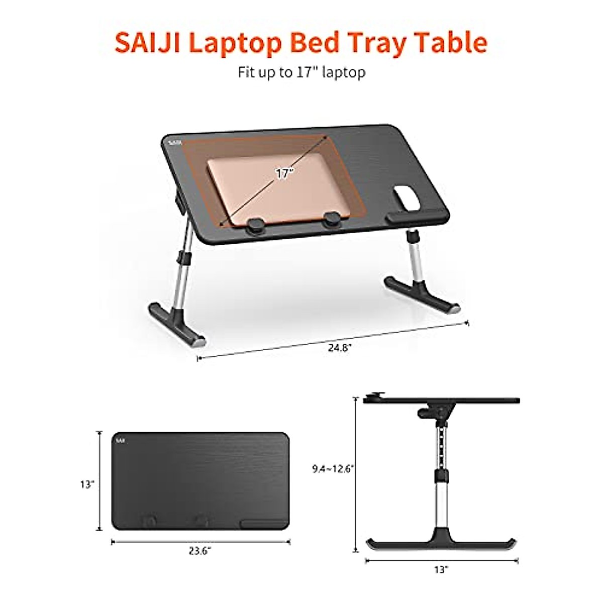 Laptop Desk for Bed, SAIJI Lap Desks Bed Trays for Eating Writing, Adjustable Computer Laptop Stand, Foldable Lap Table in Sofa and Couch (23.6 x 13,Black)