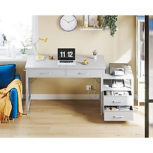 AODK Computer Desk with 4 Drawers and USB Power Outlets, Reversible Home Office Desk with Printer Stand, Small Desk with Storage Shelf, Study Writing Work Table for Bedroom, Vanity Desk, White, 53"