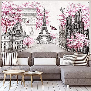 Paris Tapestry Backdrop Paris Wall Art Eiffel Tower Photo Banner Background European City Landscape Pink Wall Hanging Decor for Living Room Girl Bedroom Paris Themed Party Decoration, 72.8 x 43.3 Inch