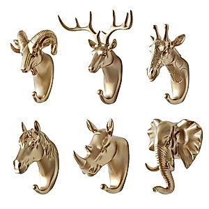 LDZBUOM 6 Pack Creative Wall Hooks,Antlers,Elephant, Rhino, Horse, and Sheep Single Wall Hook,Hooks Wall Mounted for Coat, Bag, Towel, Key, Mounted Coat Decorative Wall (Gold)