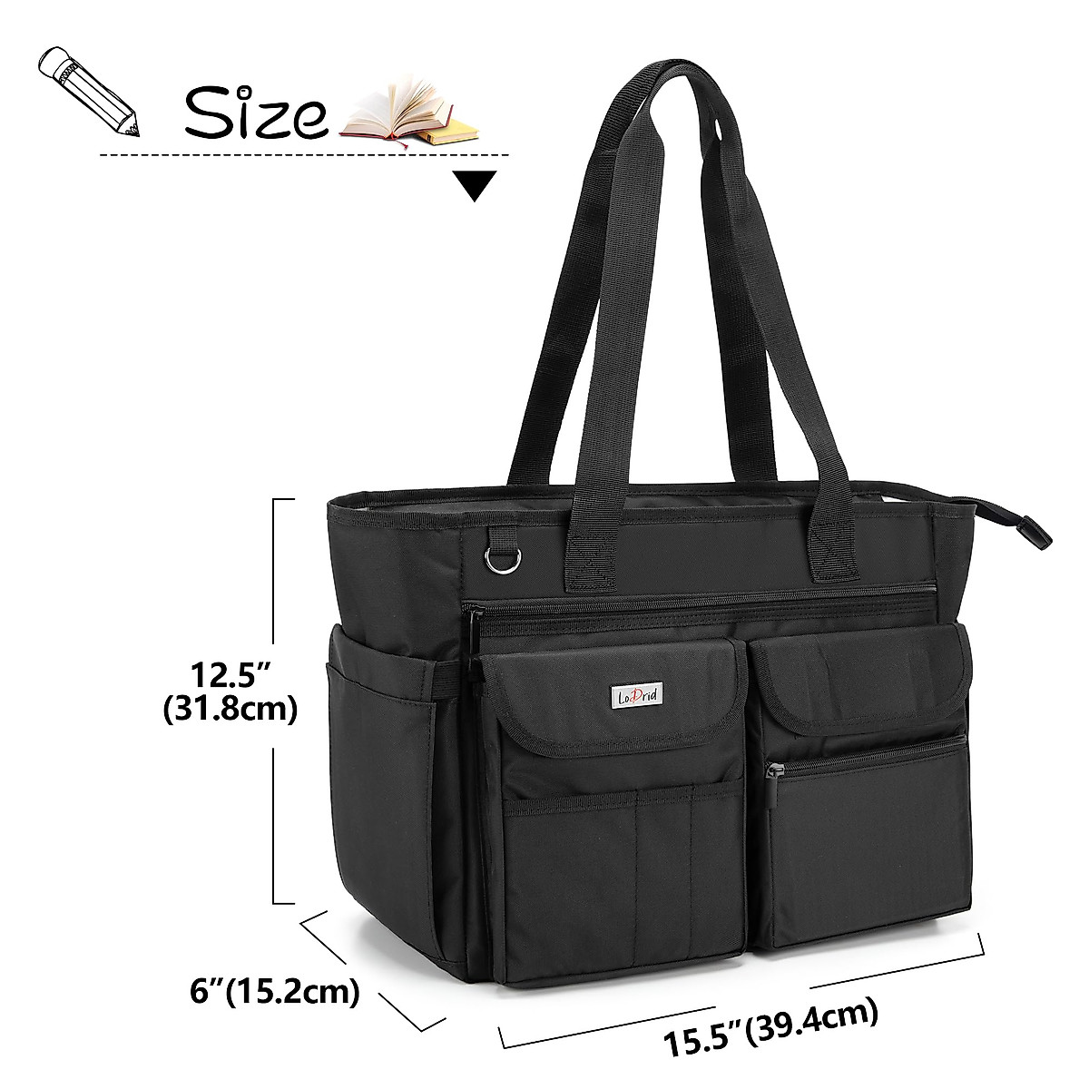 LoDrid Teacher Tote Bag with Bottom Pad, with Separated Storage Laptop Layer (up to 15.6 Inch), Teacher Carry Bag with Large Compartment, Teacher Bags and Totes for Women, Black