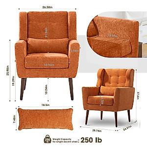 cinkehome Accent Arm Chairs for Living Room, Chenille Upholstered Mordern Armchair, Comfy Soft Padded Lounge Chair in Small Spaces, Bedroom, w/Pillow, Solid Wood Leg, Orange