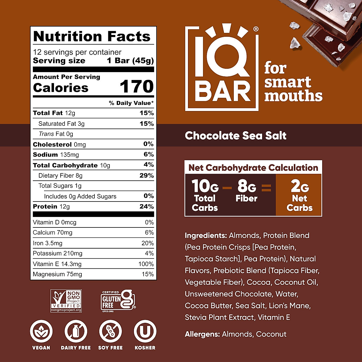 IQBAR Brain and Body Plant Protein Bars - Chocolate Sea Salt - 12-Count Low Carb - Gluten Free, High Fiber, Vegan Snacks - Low Sugar Meal Replacement