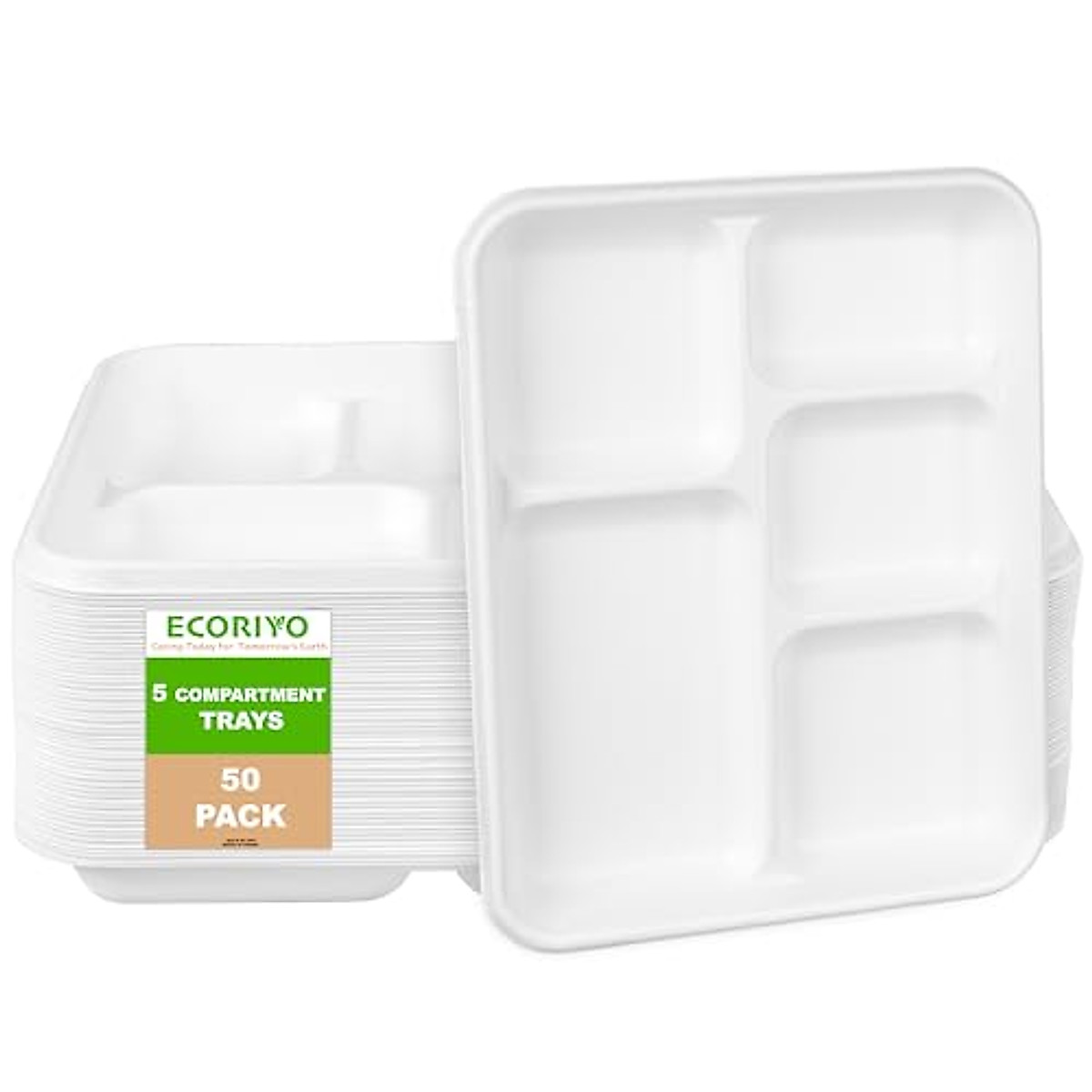ECORIYO Divided Paper Plates - 50-Pack of Heavy Duty Disposable Plates with Compartment - Compostable Sugarcane 5 Compartment Disposable Plates - 10.5 x 8.5 x 1 Inch