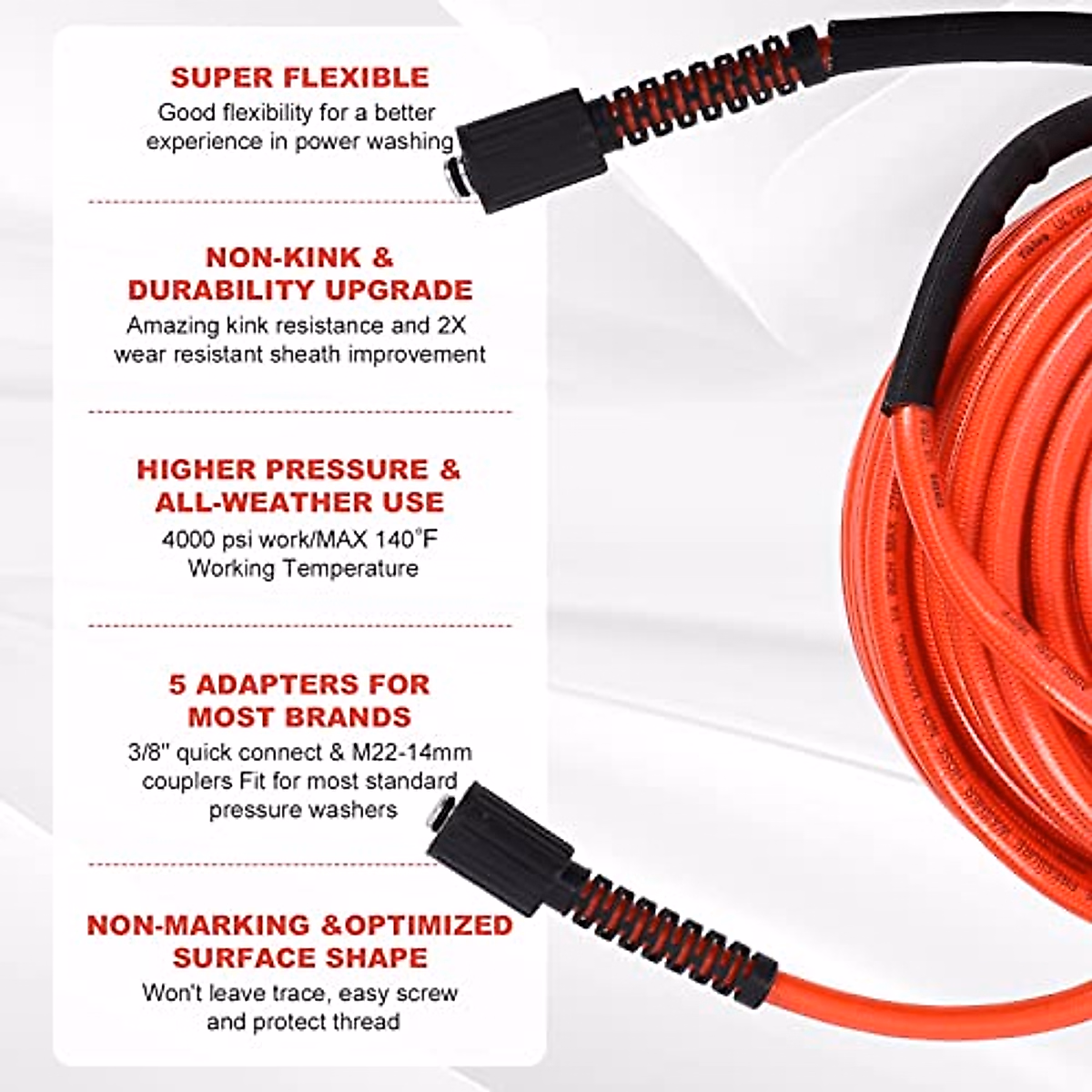 Pressure Washer Hose 1/4”, 4000 PSI Ultra Flexible Kink Resistant Replacement Hose M22 14mm Thread, High Pressure Extension Hose with 3/8 Quick Connect Adapters for Power Washing