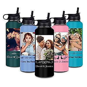 Personalized Water Bottles with Straw Lid, Custom 18oz Stainless Steel Sports Water Bottle with Photo Text-Double Wall Insulated Gift Cup for Girls Boys Women Men School Sports