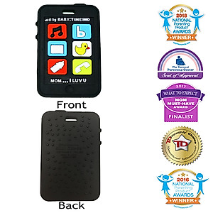 Silli Chews Cute Baby Teether Cell Phone Kids Pretend Play Toy Fake Phone for Babies Telephone Mobile Safe Silicone Teething Toy Infant Pain Relief Apple Black Smart Chatter | Silly Chew Toy