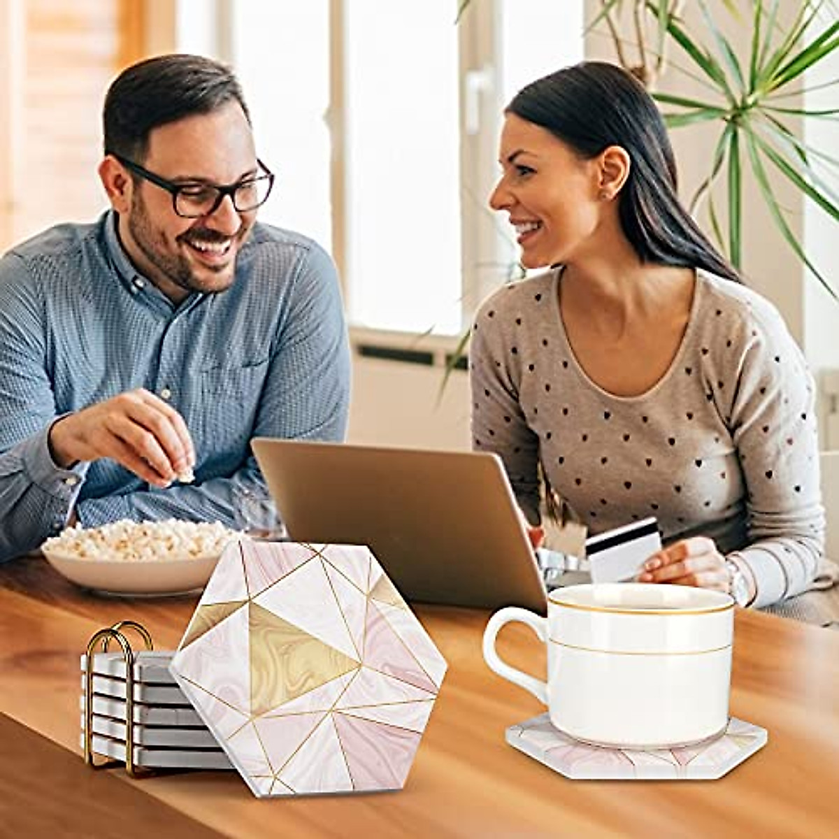 6 Pcs Pink Marble Coasters with Holder Gold Absorbent Drink Coasters Hexagon Cute Ceramic Table Coaster Set Decorative Bar Coasters Modern Coffee Cup Coasters