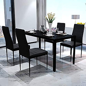 Henf 5-Piece Kitchen Dining Table Set W/Glass Tabletop, 4 PU Leather Chairs Glass Dining Set for Home Kitchen Dining Room Breakfast Furniture, Black