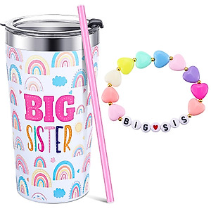 Maxcheck 2 Pcs Sister Gift 12 oz Pink Sister Cup Stainless Steel Mug Vacuum Insulated Tumbler with Leak Proof Lid and Straw Sister Bracelet Sister Announcement Jewelry for Little Girl (Big Sister)