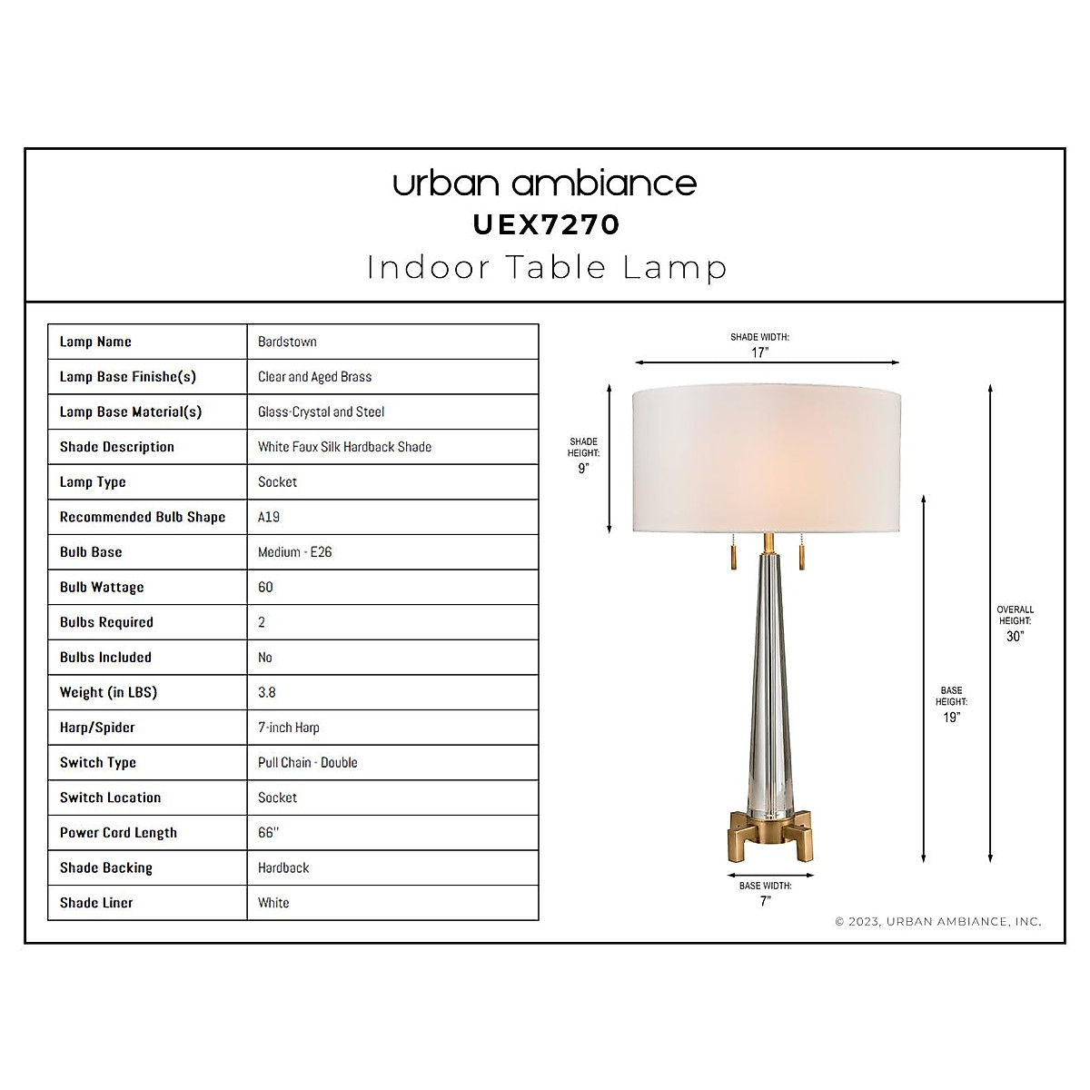 Urban Ambiance Luxury Contemporary Table Lamp, 17''W x 17''D x 30''H, with Minimalist Elements, Clear and Aged Brass Finish and a White Faux Silk Hardback Shade, UEX7270