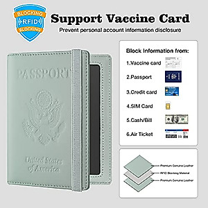 Genuine Leather Passport Holder for Women, Passport Wallet Cover with Elastic Strap and Zipper Closure, Rfid Passport Holder Fit for Immunization Record Card(Grey-White)