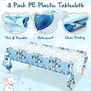 3 Pack Baby Shower Tablecloths Elephant Plastic Baby Shower Table Cover Rectangle Table Decors for Baby Boy Gender Reveal Birthday Baby Shower Party Supplies Elephant Theme Party, 54 x 108 Inch (Boy)