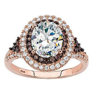 PalmBeach Rose Gold-plated Sterling Silver Oval Cut Cubic Zirconia Brown Double Halo Engagement Ring Sizes 6-10 Size 8