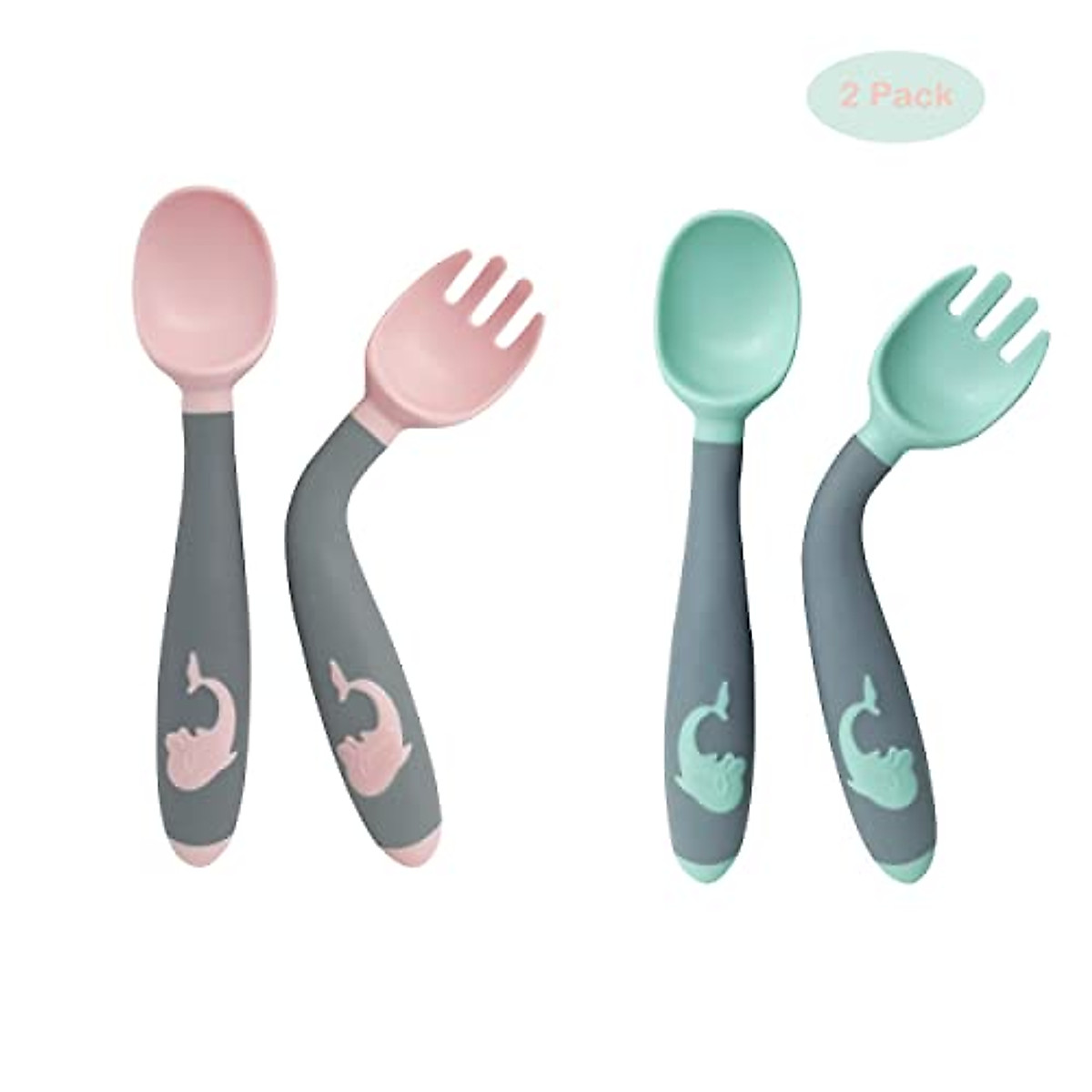 CocoMeiwei Toddler Utensils,Baby Silicone Spoon and Fork Set with Bendable Handle for Kids Self-feeding Learning,BPA Free Toddler Flatware 4 Pieces