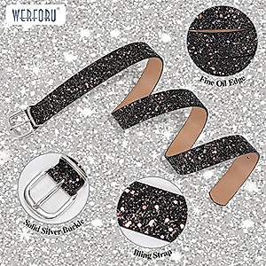 WERFORU Women Shiny Bling Sequins PU Leather Waist Belt for Jeans Dress with Silver Pin Buckle, Black, Fit Waist Size 43-47 Inches-