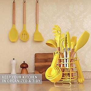 hecef Kitchen Utensils Set, 32 PCS Silicone Cooking Utensils Set with Stainless Steel Holder, 446°F Heat Resistant Food Grade Kitchen Gadgets Tools Set Wooden Handle for Nonstick Cookware (Yellow)