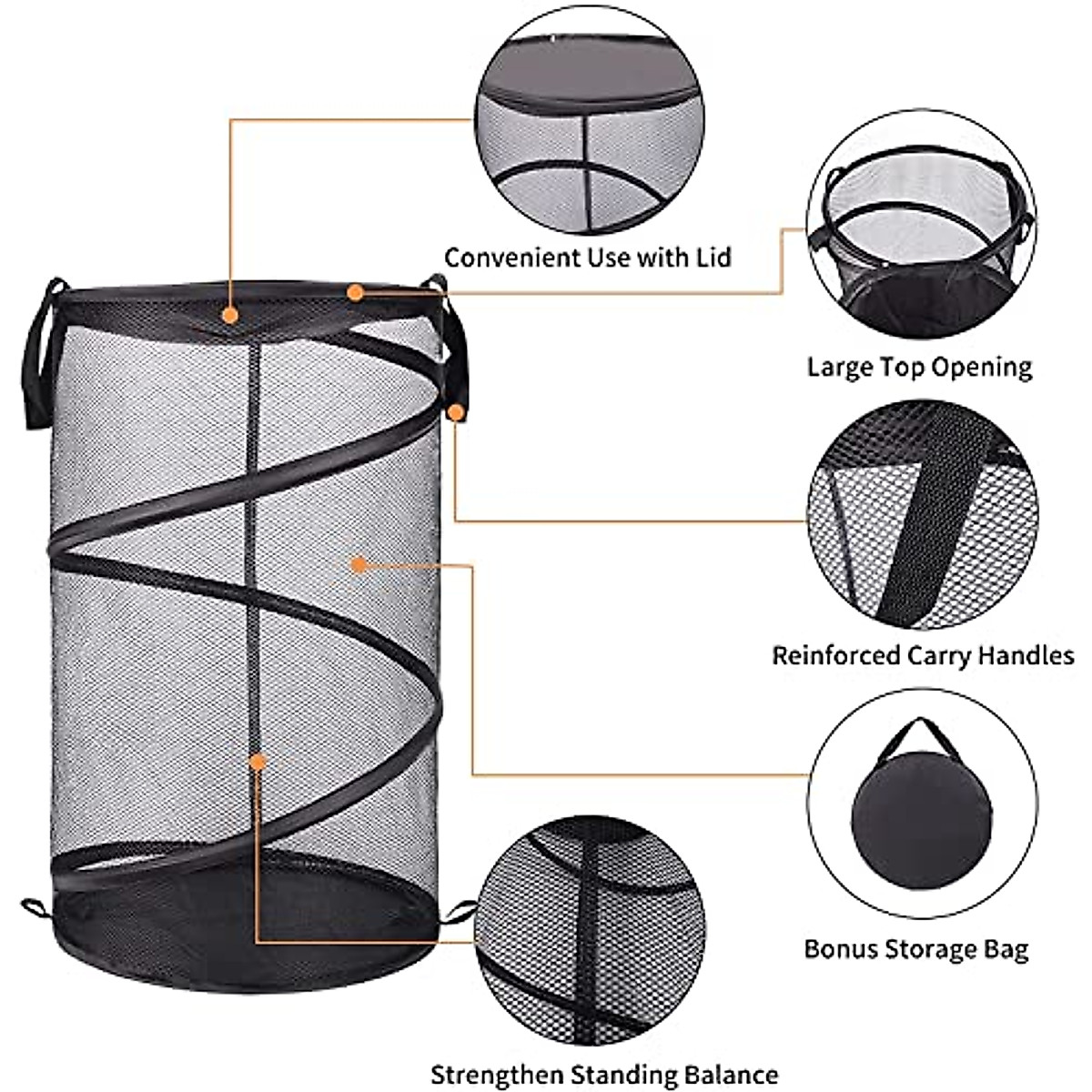 Collapsible Mesh Popup Laundry Hamper, Foldable Dirty Clothes Basket w/Strong Carry Handles/Solid Bottom/High Carbon Steel Frame/Storage Bag, Great for Kids Room/College Dorm/Travel, Round, Black