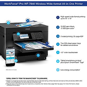 Epson Workforce Pro WF-7840 Wireless Color All-in-One Inkjet Printer - Print Scan Copy Fax - 4.3" Touchscreen LCD, 25 ppm, 4800 x 2400 dpi, Wide-Format 13" x 19", 50-Sheet ADF, Auto 2-Sided Printing