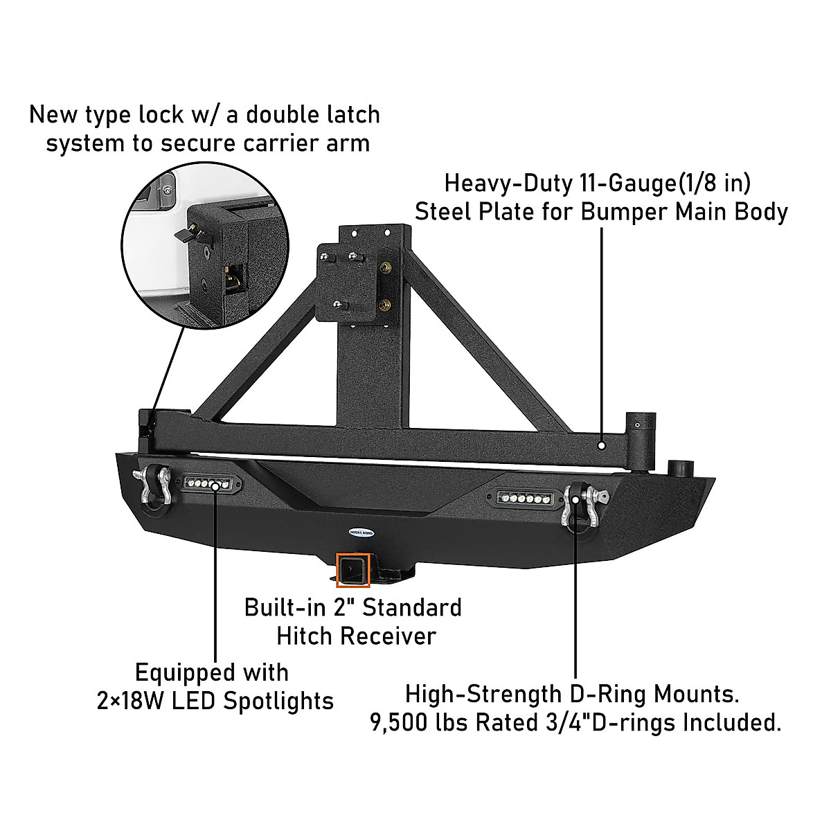 u-Box Front Bumper & Rear Bumper Combo for Jeep Wrangler JK 2007-2018 Textured Black Steel Bumper w/Spare Tire Carrier & 120W LED Light Bar & Receiver Hitch
