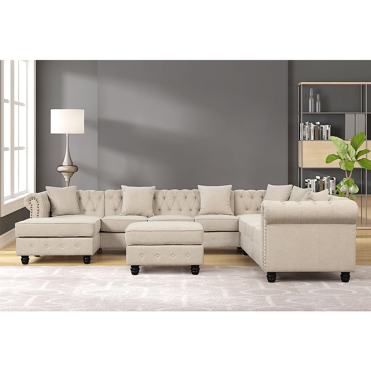 Morden Fort Chesterfield Modular Convertible Sectional U-Shape Polyester Fabric Sofa with Chaise Accent Tufted Couch for Living Room Furniture Set