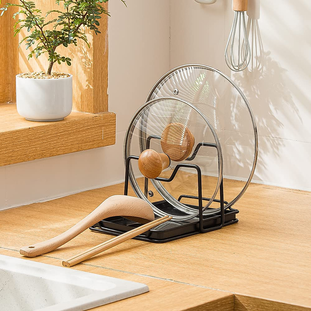 SUNFCON Cutting Board Rack Chopping Board Organizer and Pot Pan Lids Holder Spoon Rest Holder White