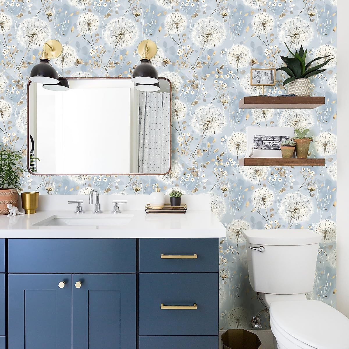 Nukofal Floral Peel and Stick Wallpaper Dandelion Floral Wallpaper Peel and Stick 15.7 inch x 118.1 inch Flower Wallpaper Blue/Gray/White Self Adhesive Removable Contact Paper for Cabinets Decor