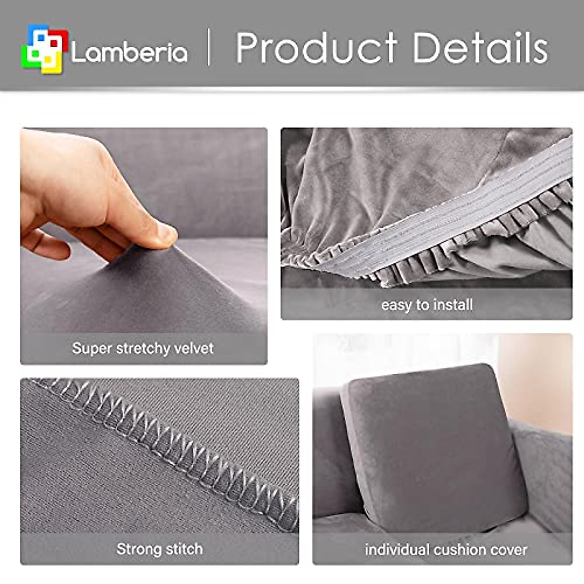Lamberia High Stretch Sofa Cover for 3 Cushion Couch 4 Pieces Thick &Washable Plush Velvet Sofa Slipcover Couch Cover Furniture Protector for Dogs,Pets&Kids(Sofa-L,Silvergray)