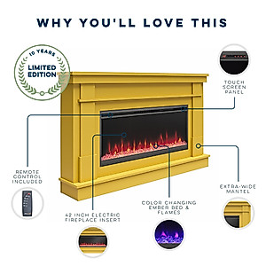 Novogratz Waverly Wide Mantel with Linear Electric Fireplace & Crystal Ember Bed, Mustard Yellow