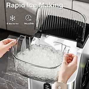 Nugget Ice Makers Countertop, Pebble Ice Machine with Chewable Pellet Ice, 34Lbs/24H, Self-Cleaning, Sonic Ice, One-Click Operation, for Kitchen,Office Stainless Steel Silver