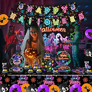 Glow Neon Party Supplies Tableware Set, 256 Pcs Let's Glow Halloween Party Decorations Include Neon Plates and Napkins Cups Glow Tablecloth Halloween Banner for Neon Baby Shower Party Decorations