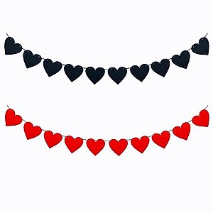 FAZHBARY 2 Pack Black Red Heart Garland Felt Heart Banner for Gothic Valentines Wedding Farewell Heart Party Decorations
