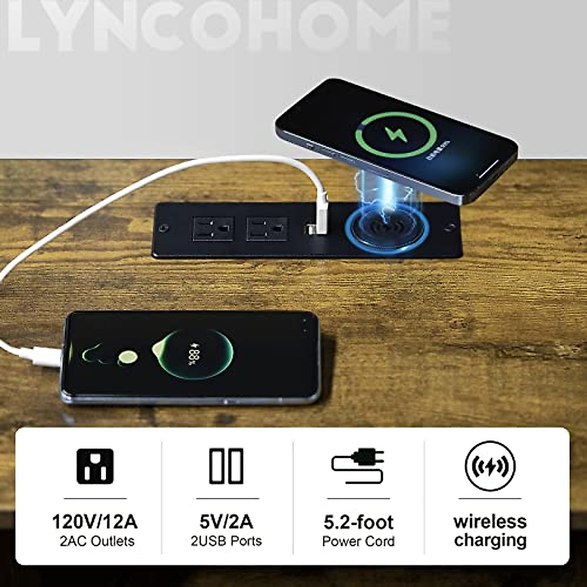 LYNCOHOME Nightstand with Wireless Charging Station and LED Lights, Modern End Table with 2 Drawers and Open Storage for Bedroom, Brown