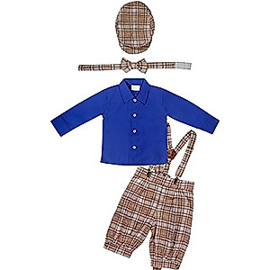 Toddler Boys Gentleman Ring Bearer Photo Formal Wear Vintage Knicker Suspender Bowtie Suit 5-pc Set Navy/Beige Plaid 4-5T