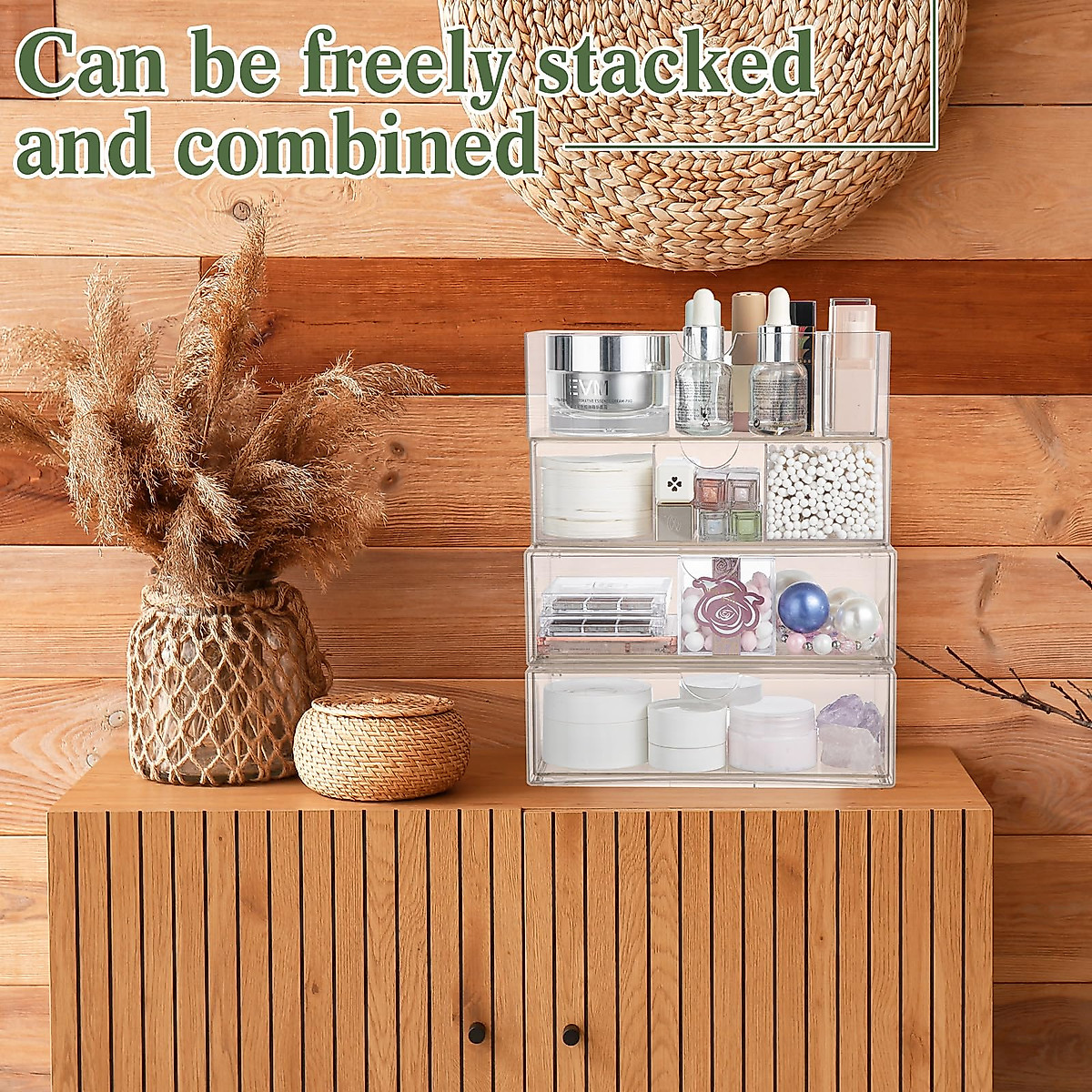 CroBlissful Medicine Cabinet Organizer 4 Tier Stackable Makeup Organizer Tray with 2 Drawers 2 Storage Box 1 Lip Gloss Holders and 1 Movable Partition for Bathroom Cabinet Wall Vanity