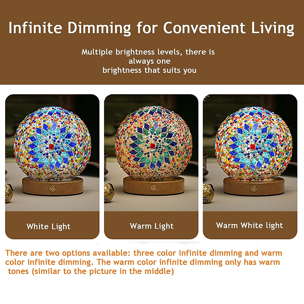 HAIDOLIANG Turkish Table lamp (D:4.7" x H:5.2"),Mosaic Glass Lamps with Wooden Base, Bohemian Tiffany Bedside Lamps, USB Power Supply Moroccan Lantern for Living Room Halloween Decorations