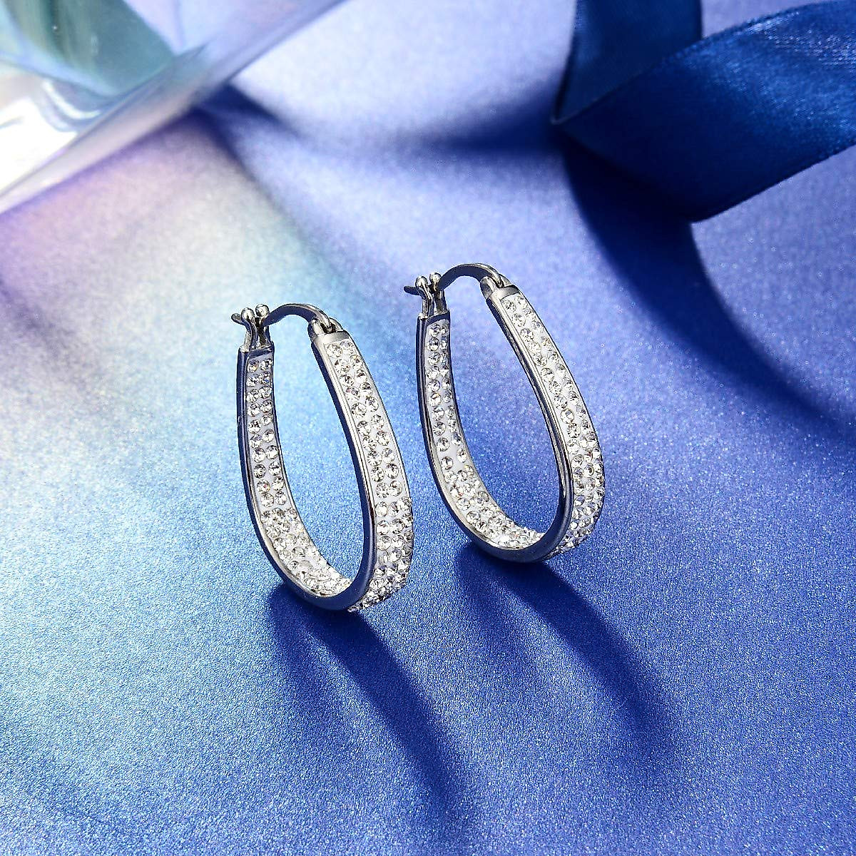 Crystal Hoop Earrings - Silver Plated Inside Out Oval Shape Hoop Earrings for Women, 1.2 Inch (White)