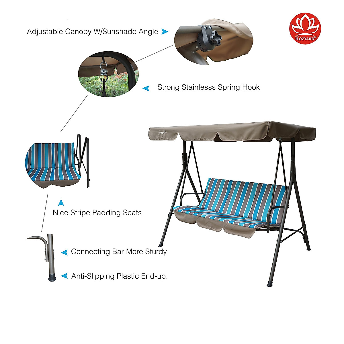 Kozyard Alicia Patio Swing Chair - Comfortable 3 Cushion Seats with Strong Steel Frame, Adjustable Canopy and Removable Cushion Ideal Glider Swing for Outdoors, Garden, Poolside, Balcony (Lime Stripe)