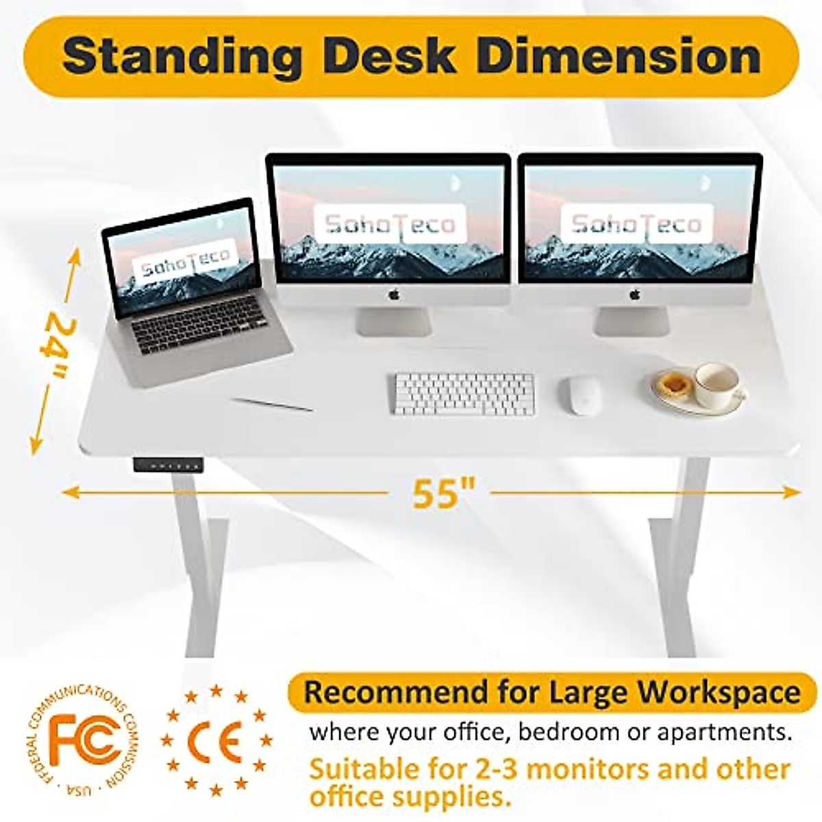 Electric Standing Desk, 55x24 Height Adjustable Sit Stand Desk with Memory Presets, Large Computer Desk for Home and Office, White Frame & White Desktop