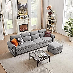Pingliang Home Convertible Sectional Sofa, 4-Seat L Shaped Couch with Storage Chaise and Pocket, Modern Reversible Couches for Living Room, Light Grey