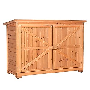 Double Doors Fir Wooden Garden Yard Shed Lockers Outdoor Storage Cabinet Unit Orange Red
