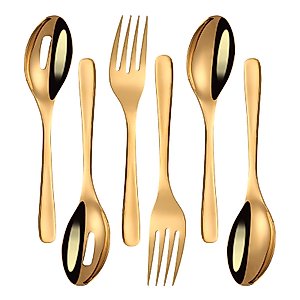 Mafier 10 Inch Stainless Steel Catering Serving Utensils for Party Buffet Dinner Banquet Cooking Kitchen Basics,Including Serving Spoon x 2,Slotted Serving Spoon x 2,Serving Forks x 2（Gold)