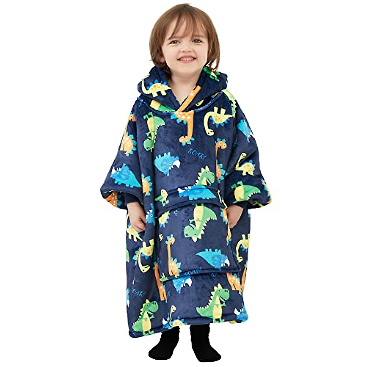 Lzzidou Oversized Wearable Blanket Hoodie for Kids 2-6YR, Two Layers Cozy Flannel Sherpa Blanket Sweatshirt Printed