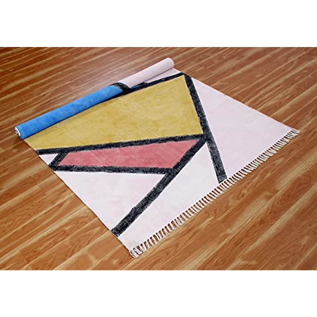 Casavani Hand Block Printed Cotton Dhurrie Geometric Pink & Yellow Area Rug Doormat Floor Rug Indoor Area Rugs for Bedroom Living Room Laundry Room 3x20 Feet Runner