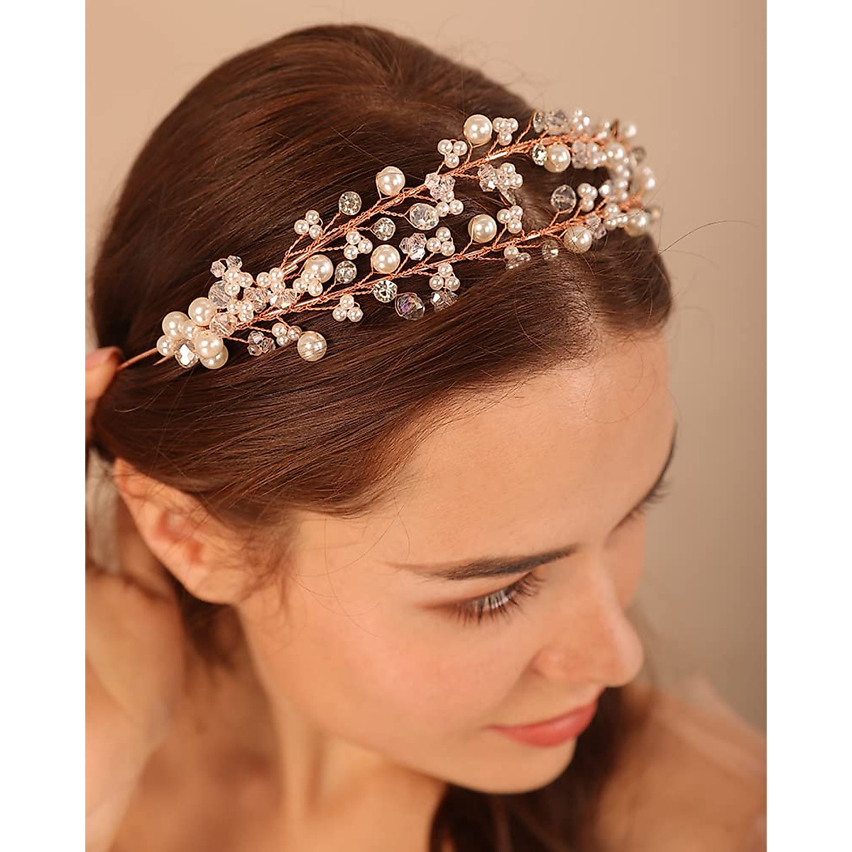 Kercisbeauty Wedding Bridal Pearl and Crystal Rose Gold Hair Tiaras Boho Cute Beaded Princess Crown Banquet Party Special Occasion Handmade Jewelry for Women Girls (Rose Gold)