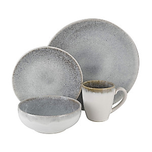 Gibson Elite Kashmir Round Reactive Glaze Stoneware, Dinnerware Set, Service for Four (16pcs), White w/ Blue Speckle