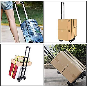 ZOENHOU 40KG 88Lbs Black Folding Hand Truck, Solid Construction Utility Cart, Heavy-Duty 4-Wheel Luggage Cart with 1 Roll Bungee Cord and 1 Pack Storage Pouch Compact, for Travel, Office